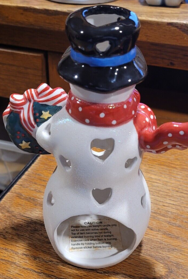 Hallmark Ceramic Snowman Holding Wreath Tealight Candle Holder/ Lantern ...