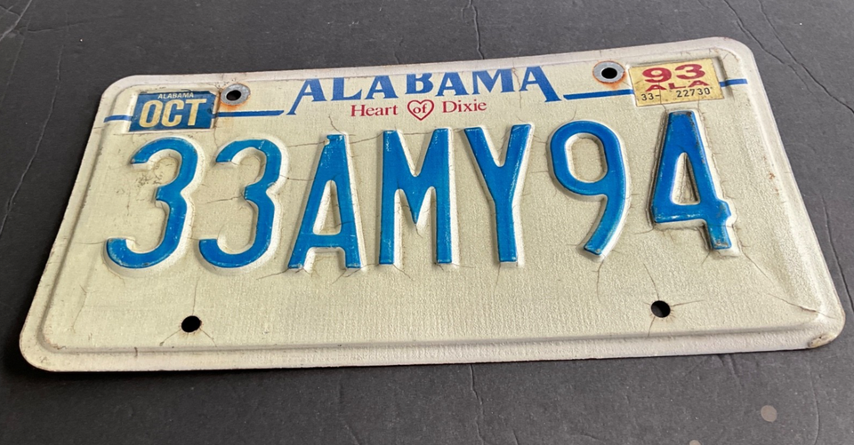 1993 Alabama License Plate Tag 33AMY94 33 AMY 94 | eBay