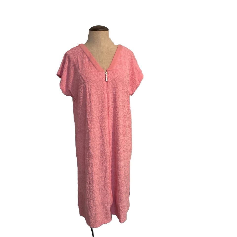 Stan Herman Womens Terry Robe Size Med Pink Front Zip V-Neck Short ...
