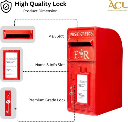 Post Box Red ER with Lock Wall Mounted Royal Mail Design Mailbox Large ...