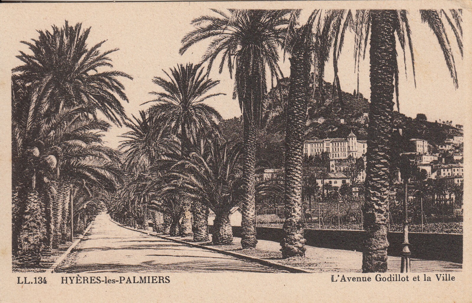 Carte postale ancienne old postcard HYÈRES avenue godillot et la ville ...
