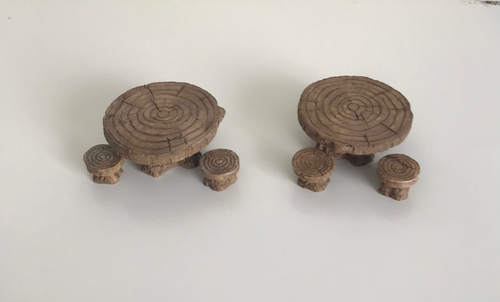 Set of 2 Mini Fairy Garden 3 Piece Resin Tables with Log Stools | eBay