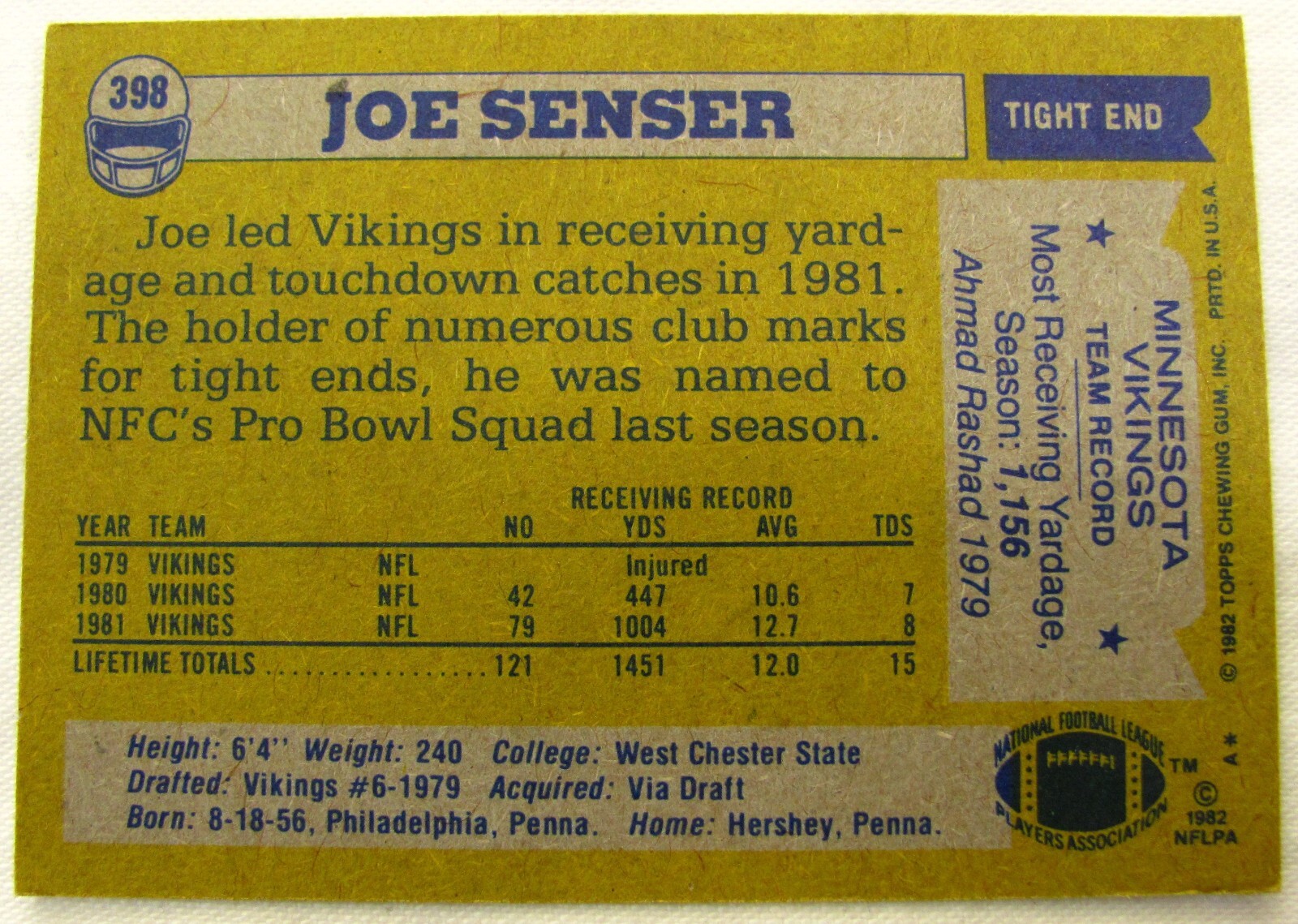 1982 Topps #398 Joe Senser Minnesota Vikings Personally Signed in 1993 ...
