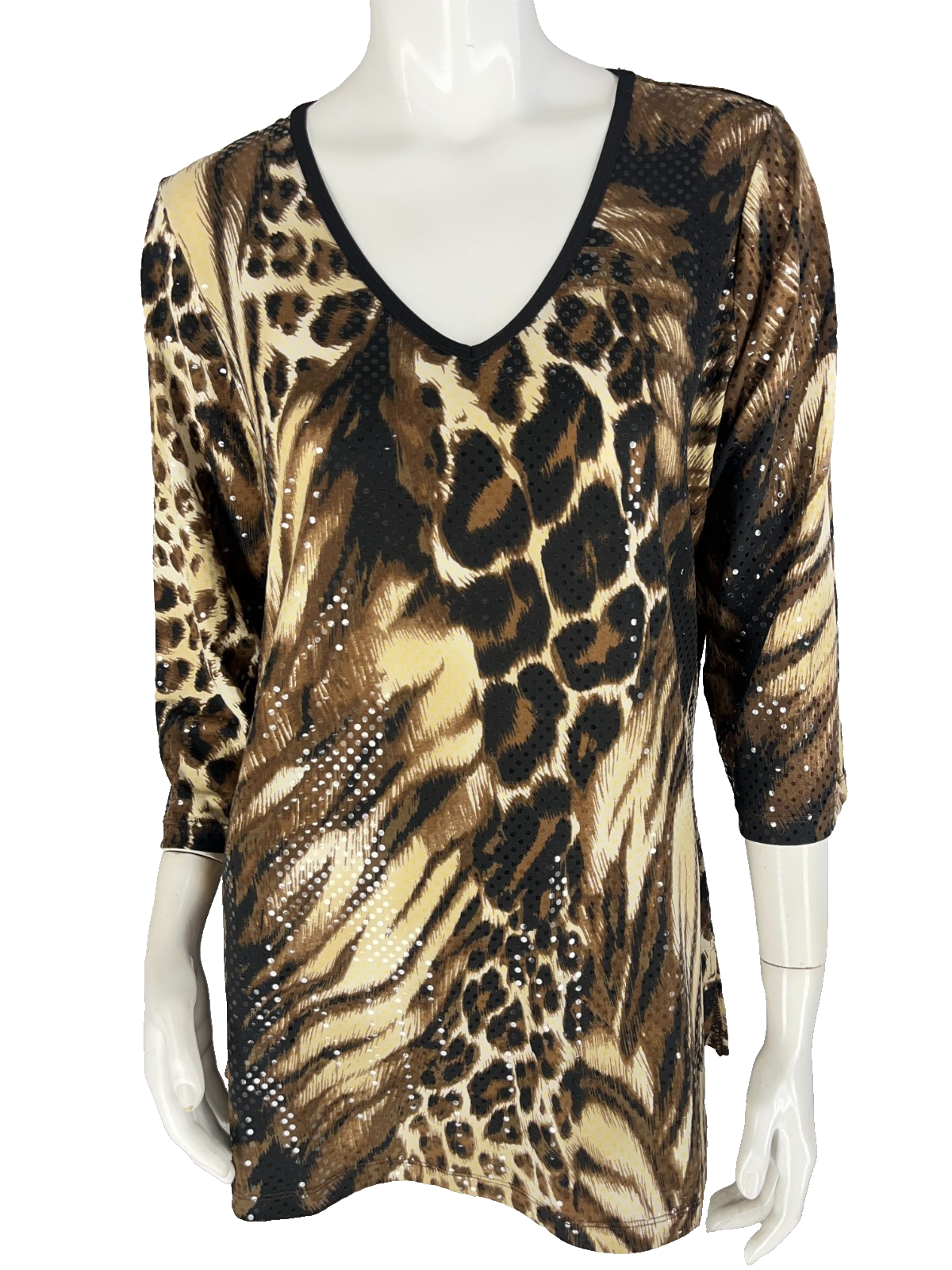 SUSAN GRAVER Liquid Knit Top M Brown Black Sequin Animal Print Stretch ...