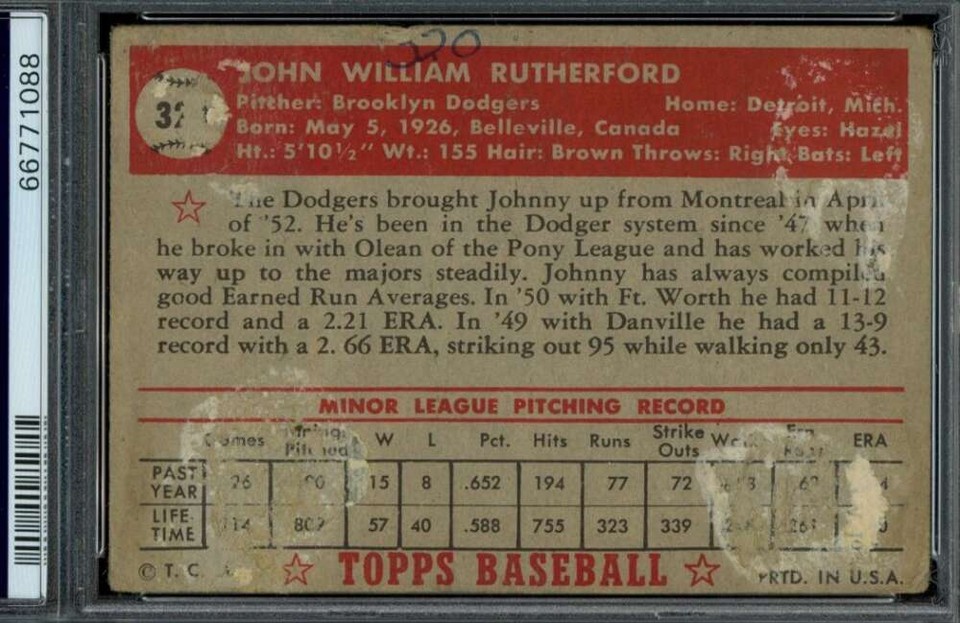 1952 Topps #320 John Rutherford PSA 1 mk RC Rookie Dodgers (1088) | eBay