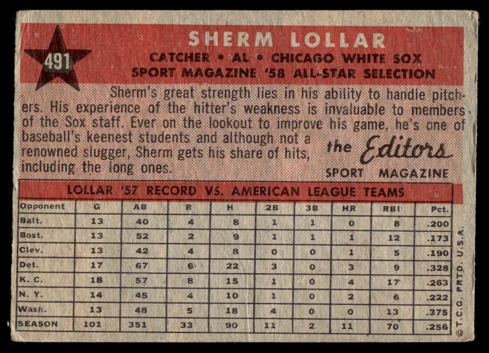 1958 Topps Baseball Card Sherm Lollar White Sox All Star #491 G-VG | eBay