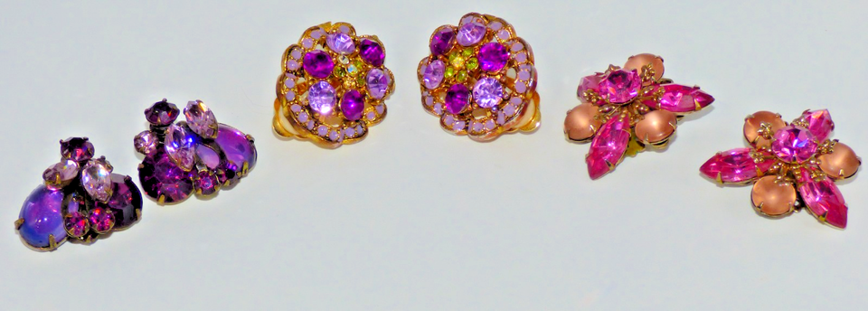 🌻 Vintage Lot of 3 Pair Purple Pink Rhinestone Clip On Earrings ...