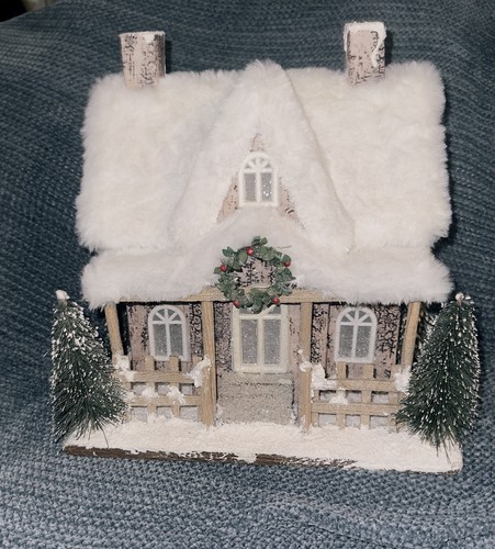 Retro Glitter Snow Fur Cardboard Putz Style House Xmas Village Decor X ...