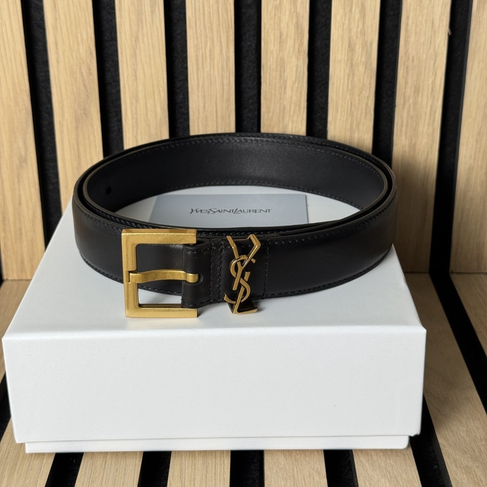 YSL Yves Saint Laurent Black Leather Belt 90 Gold Monogram Buckle Women ...