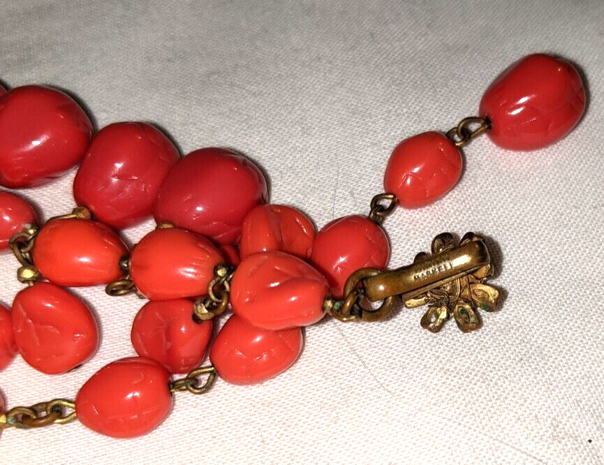 1950s MIRIAM HASKELL SIGNED Vintage faux coral glass bead and brass ...