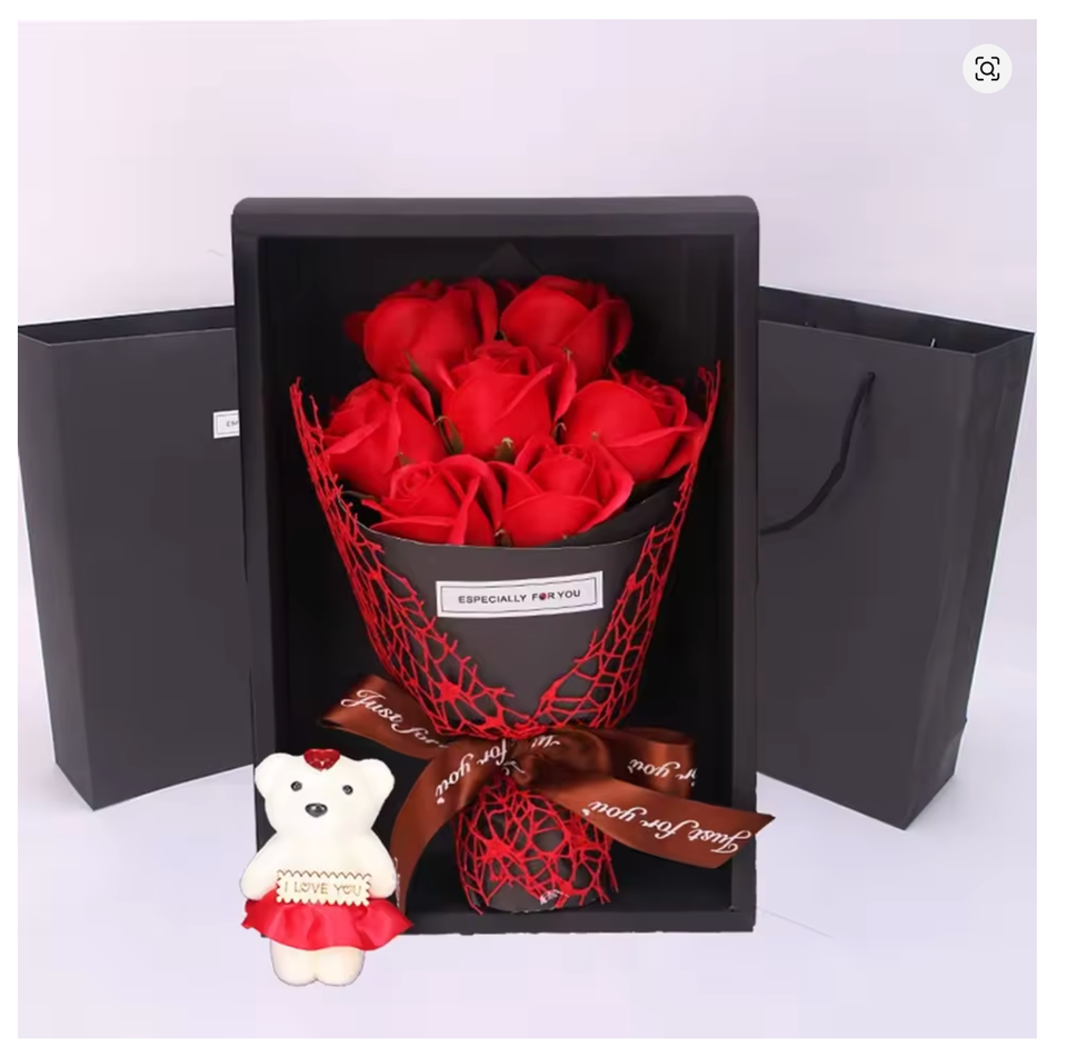 Handmade 7-Rose Soap Bouquet w/ Little Bear Gift Box – Valentine’s ...