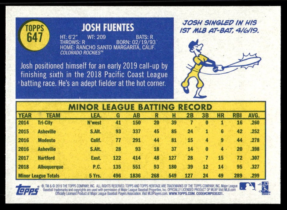 2019 Topps Heritage 647 Josh Fuentes Colorado Rockies Rookie Baseball ...