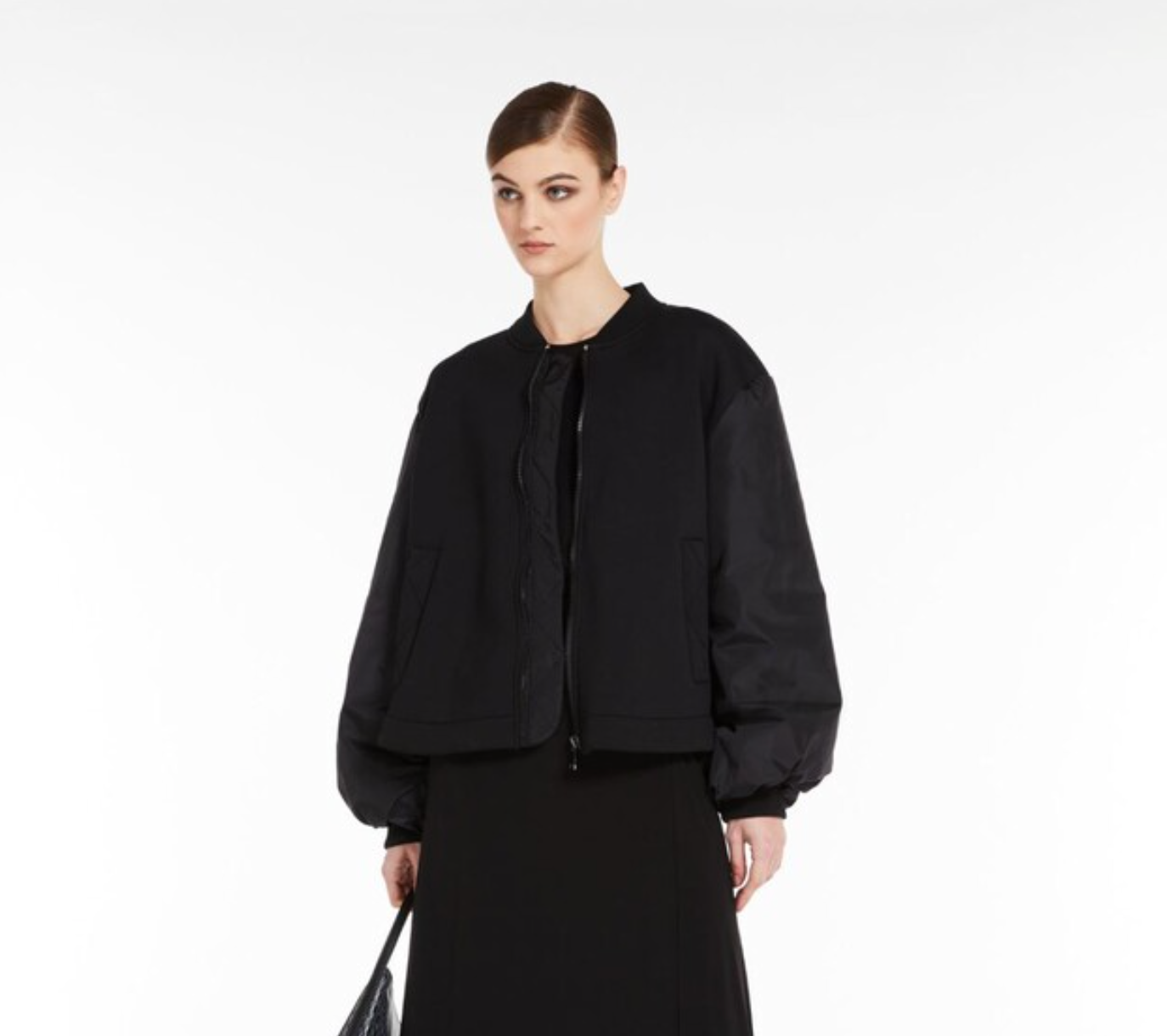 Max Mara flared nylon jersey bomber jacket size S black scuba sleeves | eBay