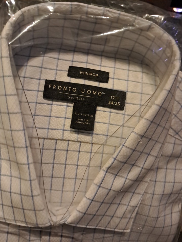 PRONTO UOMO Blue Check Cotton Dress Shirt Non-Iron Modern Fit Men 17 1/ ...