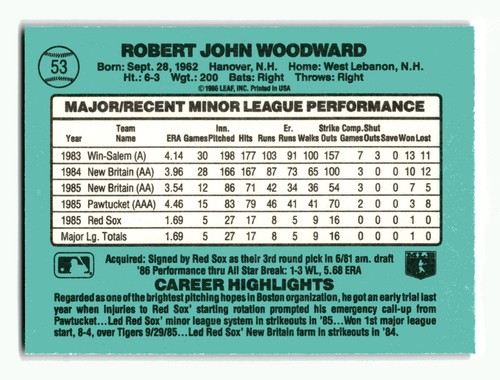 Rob Woodward 1986 Donruss The Rookies #53 Boston Red Sox Centered Mint ...