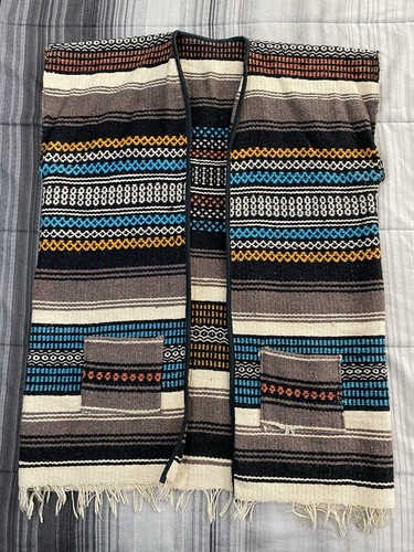 Vintage Mexican Baja Woven Vest Mens L Serape Boho Southwestern Fringe ...