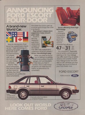 1982 Ford Escort Four-Door - "A Brand-New World Car" - Flags - Print Ad ...