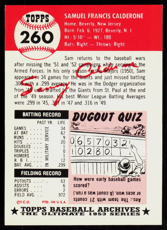 1991 Topps Archives 1953 Sam Calderone #260 BASEBALL Rookie New York ...