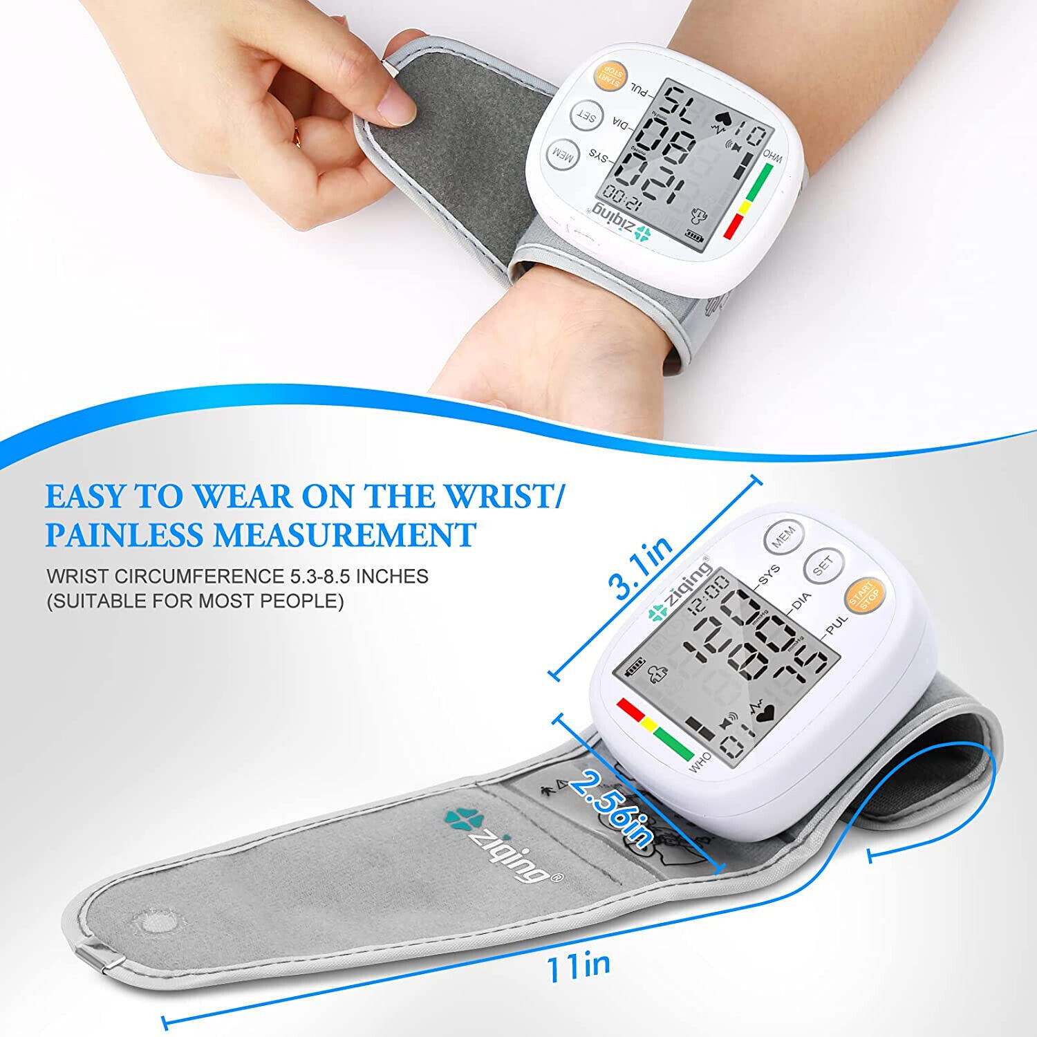 Wrist Blood Pressure Monitor Adjustable BP Cuff Heart Rate Machine ...