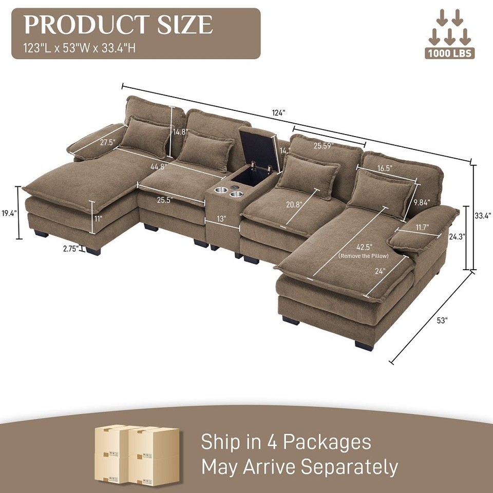 Modern 124" U-Shaped Oversized Sectional Sofa Couch w/Central Console ...