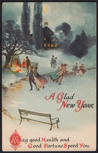Ellen Clapsaddle Ice Skating Wolf Publishing antique New Year postcard ...