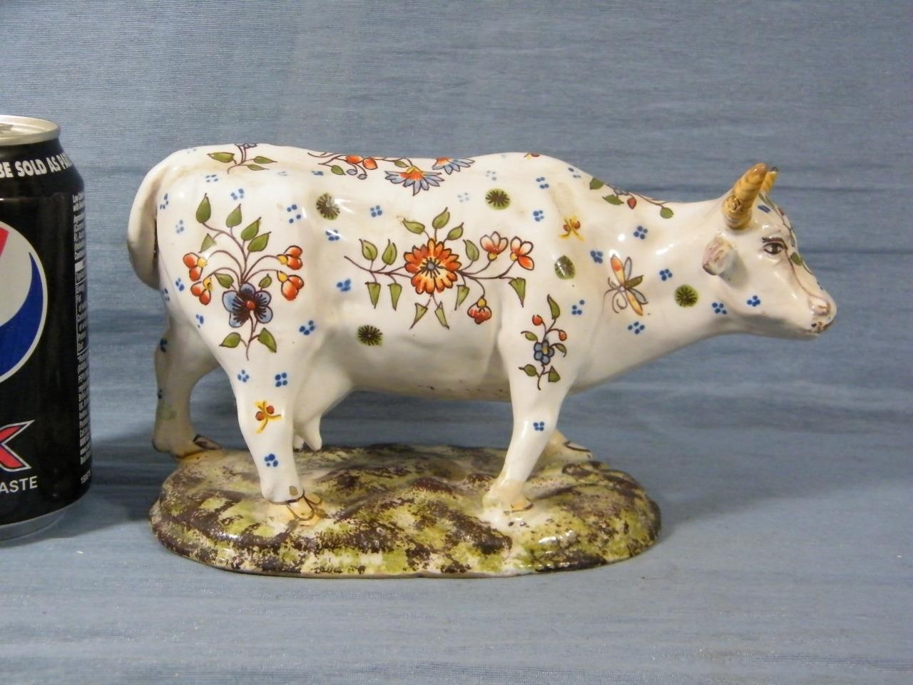 LATE 18C / EARLY 19c DUTCH DELFT POLYCHROME COW SPONGE PAINTED BASE o ...