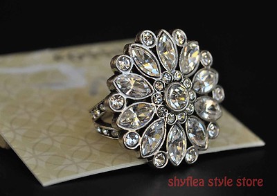 Fossil Cocktail Flower Ring Glitzy Glass Stones Daisy Statement Silver ...