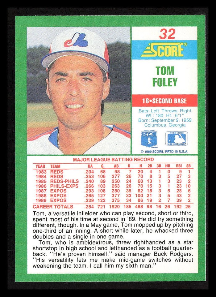 Tom Foley 1990 Score #32 Montreal Expos | eBay