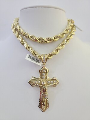 Real 10k Rope Chain Jesus Cross Charm Set 8mm 20"-30" Inch Necklace ...
