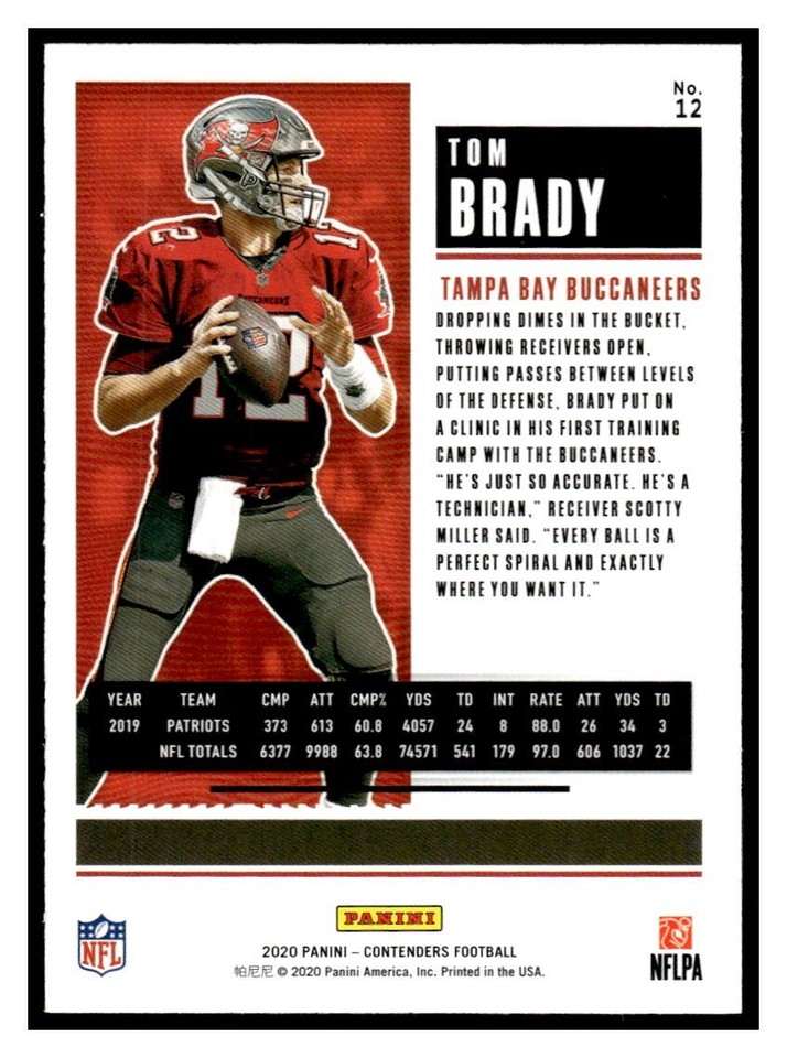 2020 Contenders 12 Tom Brady Tampa Bay Buccaneers NFL football card ...