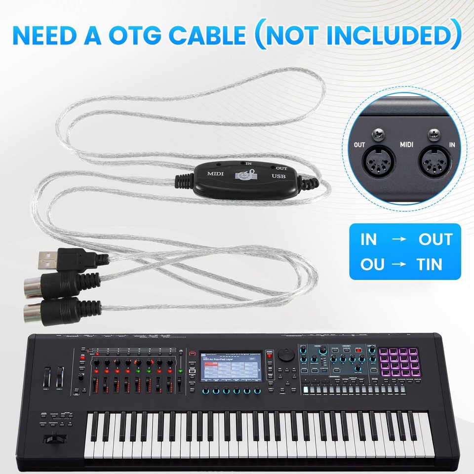 USB MIDI Cable Adapter, USB Type A Male to MIDI Din 5 Pin In-Out ...