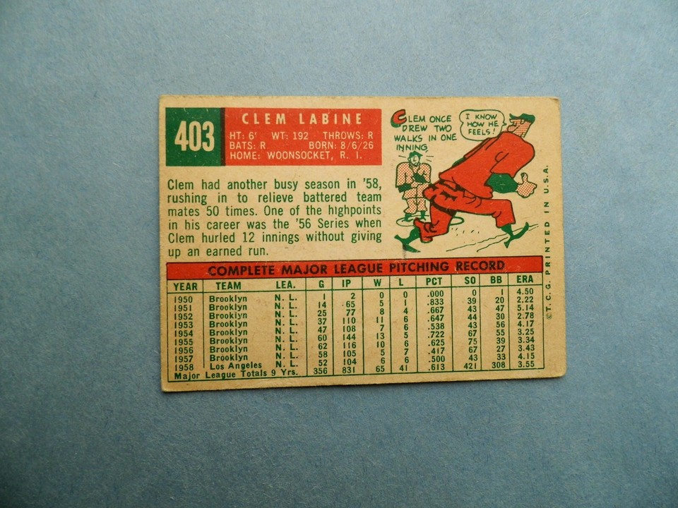Clem Labine 1959 Topps Card No. 403 VG | eBay