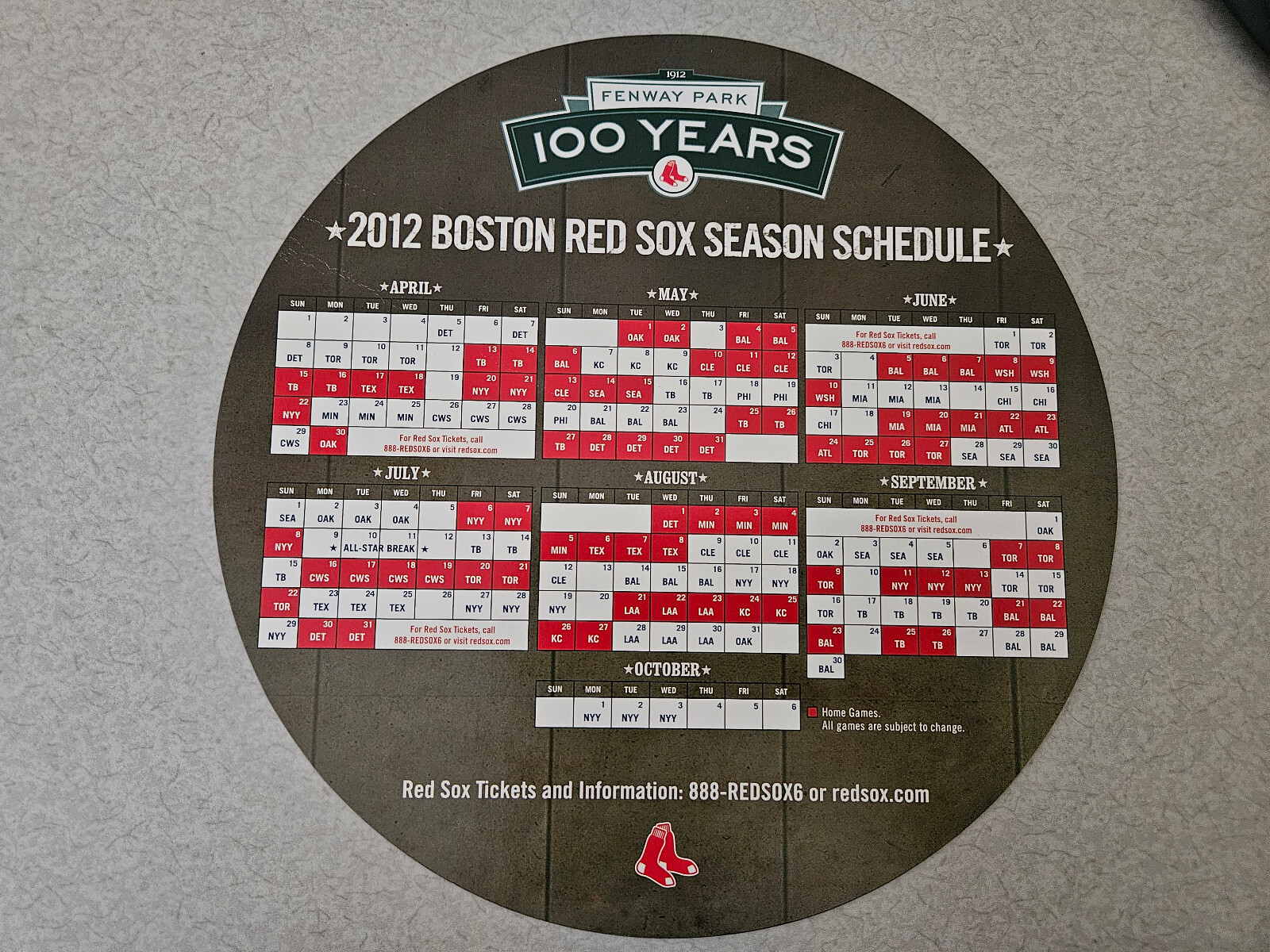 MS20 Boston Red Sox 2012 MLB Baseball Magnet Schedule - Team | eBay