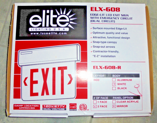 New~Elite Lighting LED Red Letters~ 2 Sided Mirror Exit Sign ELX-608-R ...