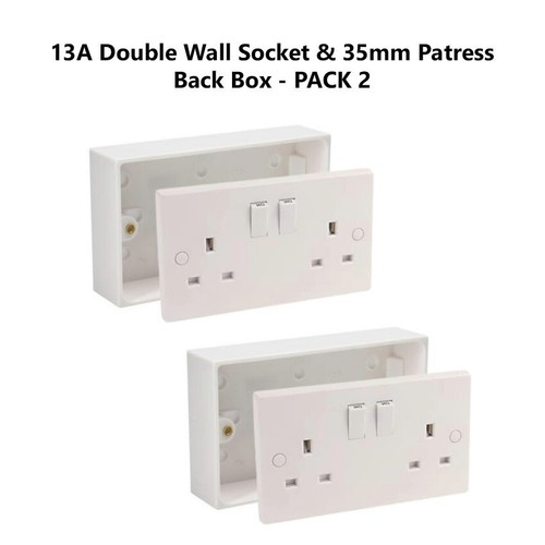 2 x Double Wall Socket Set 2 Gang with Switched Plug & 35mm Pattress ...