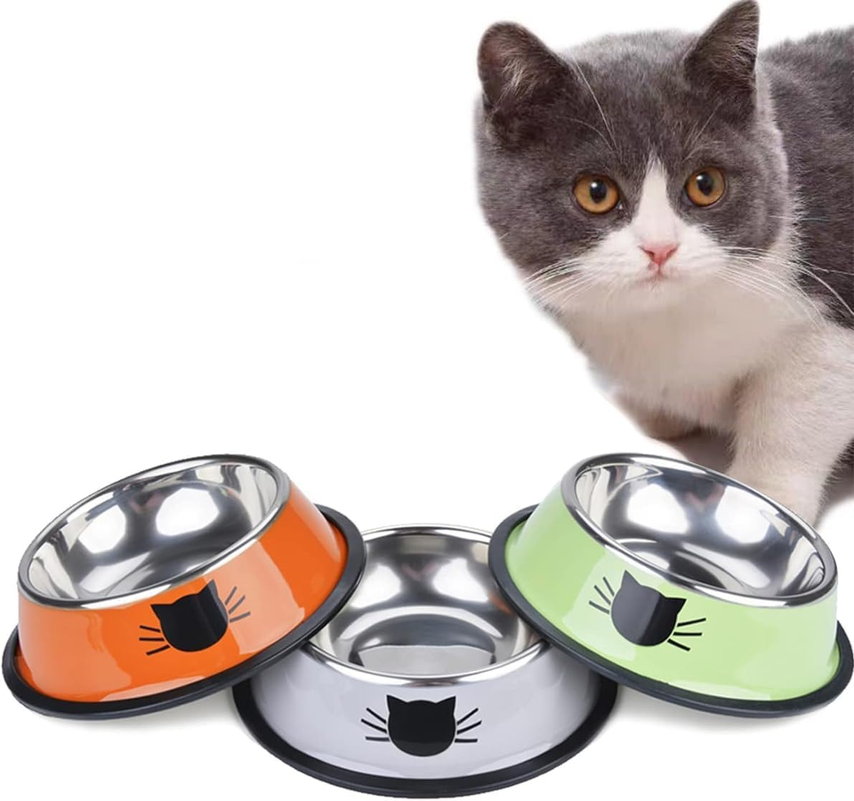 Cat Bowls for Food and Water, 3PCS Non-Slip Stainless Steel Small Cat ...