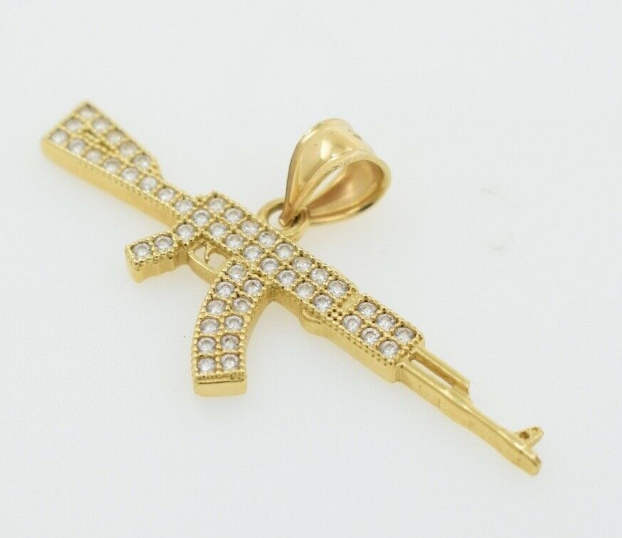 14K Gold AK-47 Rifle Pendant with Cubic Zirconia - Gem