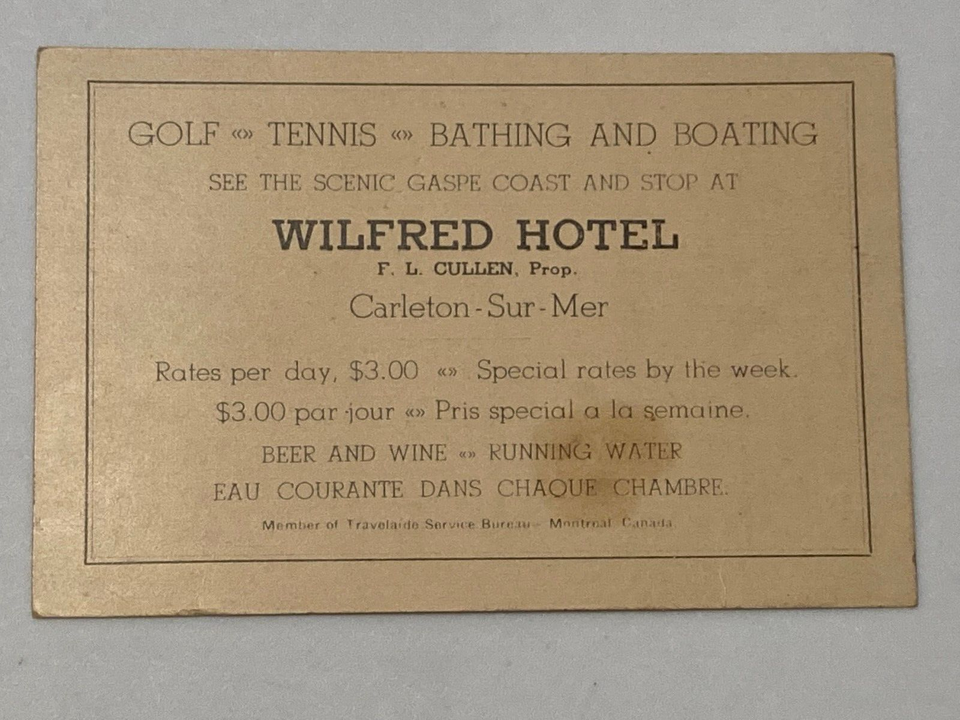 GASPE Quebec 1940s Carleton-Sur-Mer WILFRED HOTEL Real Photo Ad Trade ...