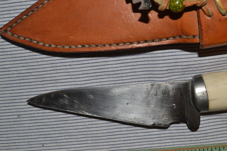 Vintage J.R.J. Signed Handmade Custom Bone Handle Knife Leather Sheath ...