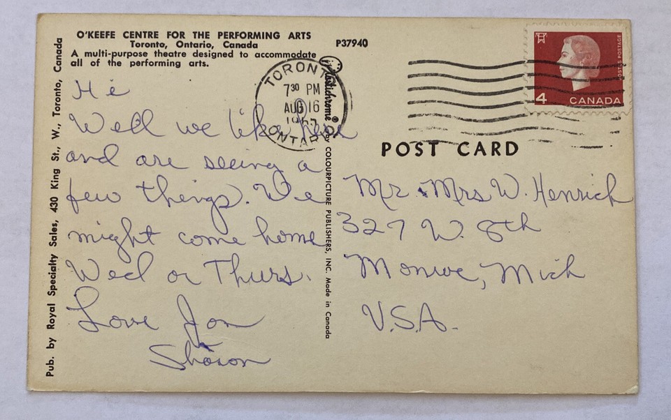 Vtg Mid Century Postcard, O'Keefe Centre for Performing Arts, Toronto ...