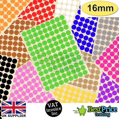 216 x 16mm Coloured DOT STICKERS Round Sticky Adhesive Spot Circles ...