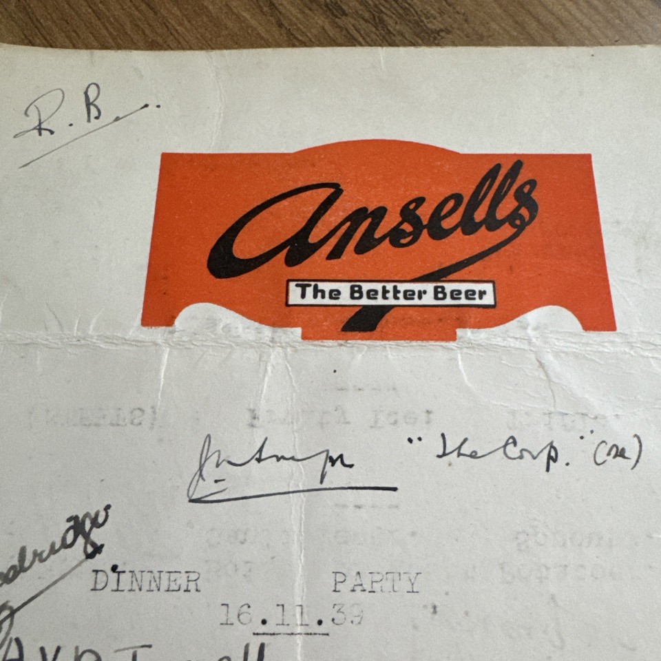 1939 Ansells Beer Dinner Menu Farcroft Hotel Handsworth WWII Home Front ...