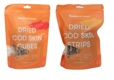 Buddylicious Dog Treats Chews Dried Cod Skin Strips & Cubes 100% ...