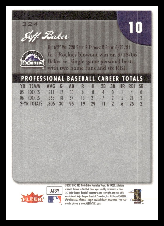 2007 Fleer #324 Jeff Baker Colorado Rockies Baseball NM RC Rookie | eBay