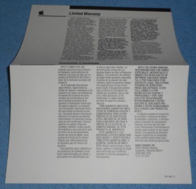 1980s Apple Computer Hardware Product Limited Warranty Card ...