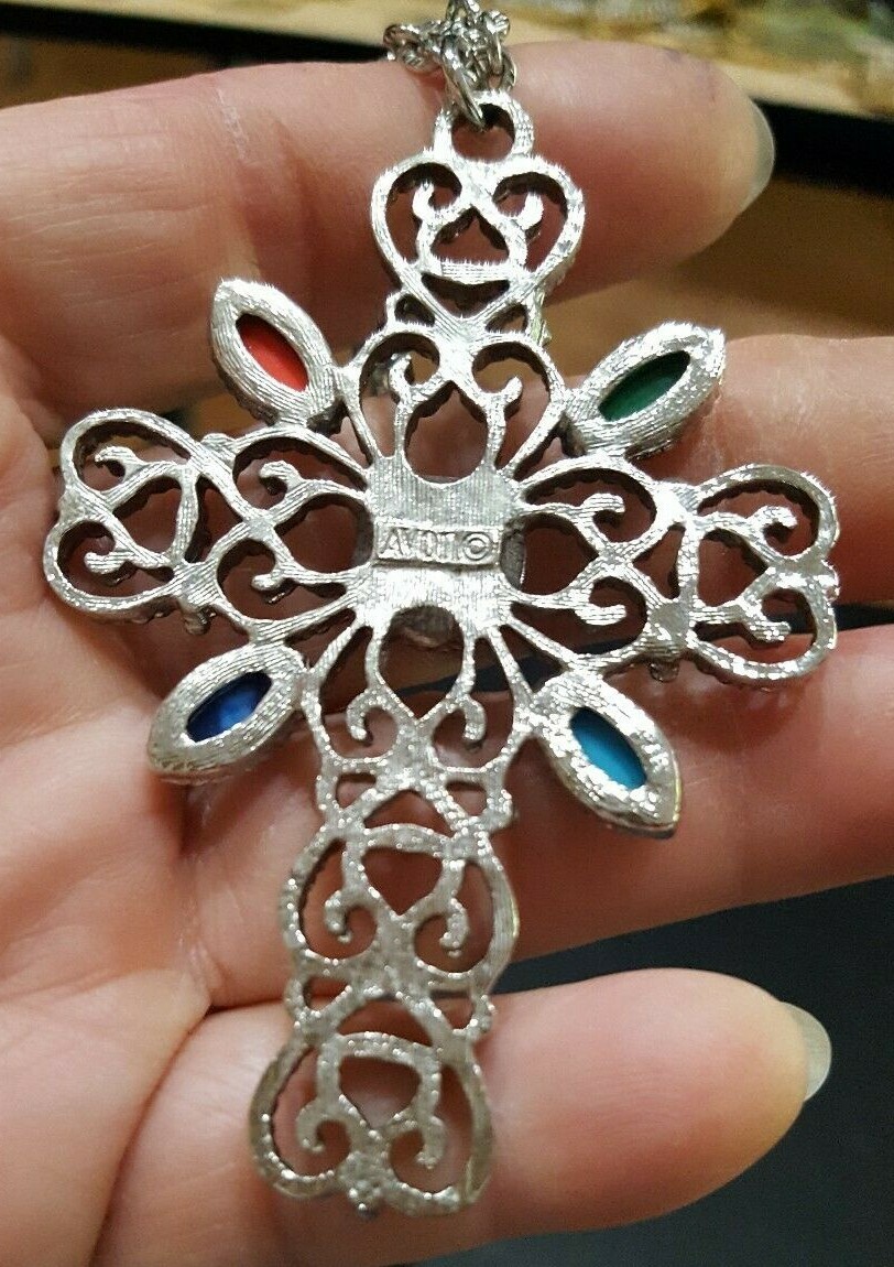 Vintage AVON CROSS PENDANT Necklace Scroll Silver Tone MULTI COLOR ...