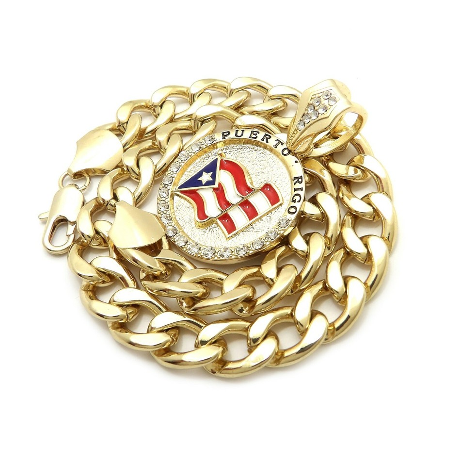 HIP HOP ICED PUERTO RICO MEDAL PENDANT 11mm 18" 20" CUBAN CHOKER CHAIN ...