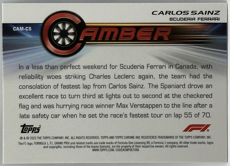 Carlos Sainz 2023 Topps Chrome Formula 1 F1 Camber Ferrari #CAM-CS | eBay