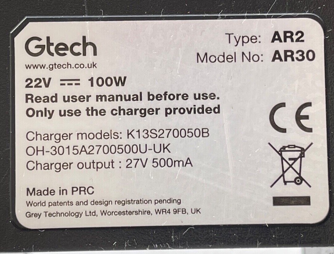 GTECH AirRam Mk2 Cordless Vacuum. AR20, AR21, AR29, AR30, AR43, AR46 ...