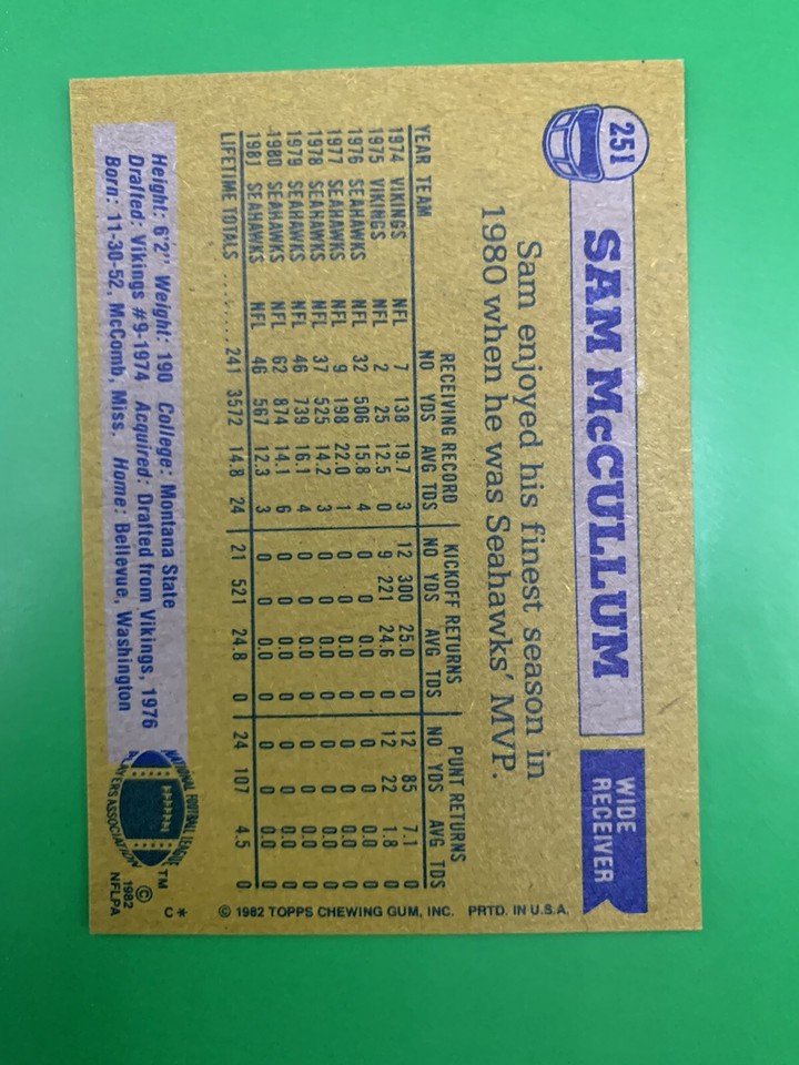 1982 Topps Sam McCullum Seattle Seahawks #251 | eBay